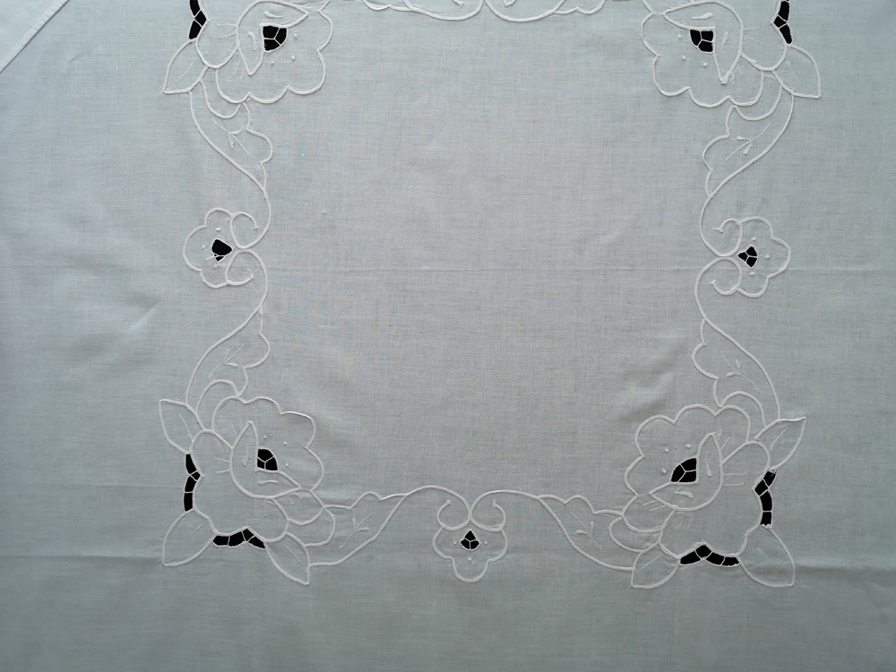 A72-14 72X72" White cotton with white machine embroidery tablecloth